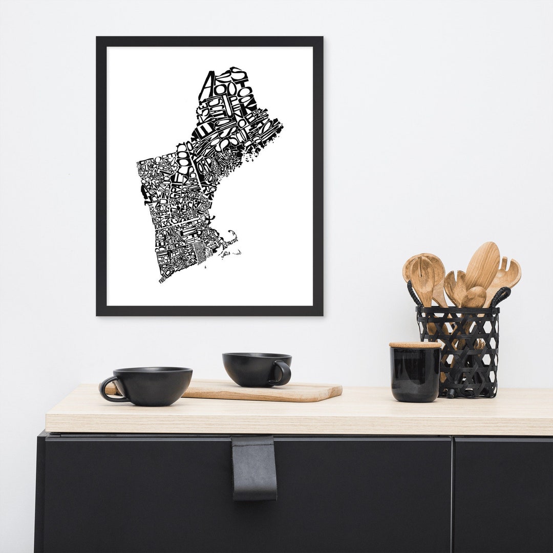 New England Typography Map Art FRAMED Print Customizable Personalized ...