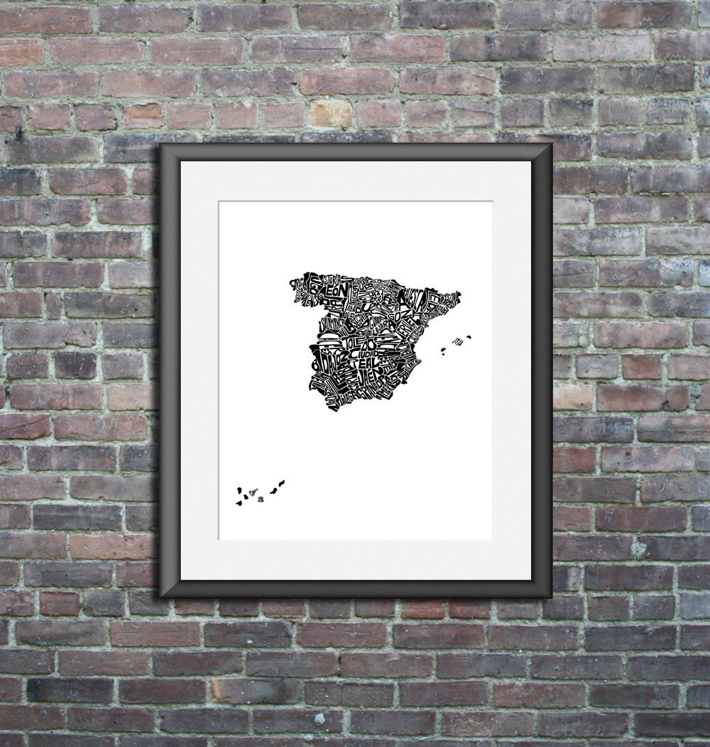 Spain Typography Map Art Unframed Print Customizable Country | Etsy