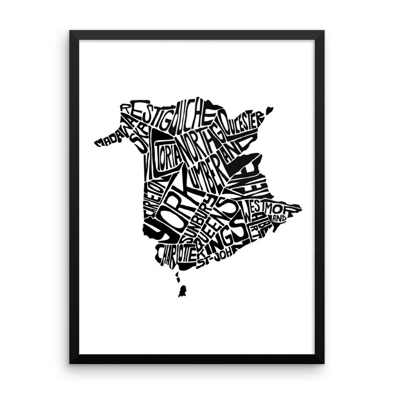 Typography Map Art New Brunswick Canada FRAMED Print Poster | Etsy
