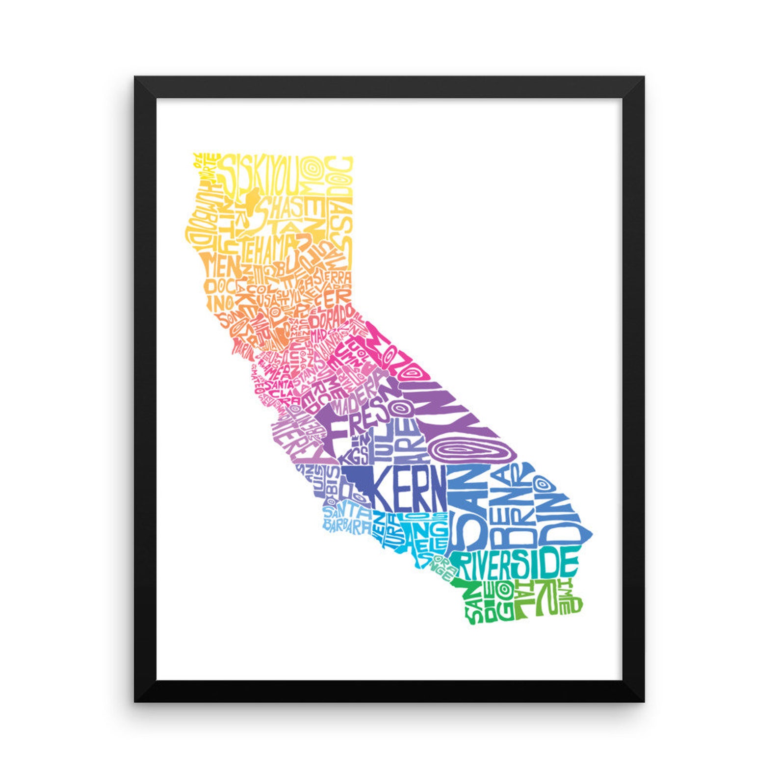 California Typography Map Art FRAMED Print Custom State Poster | Etsy