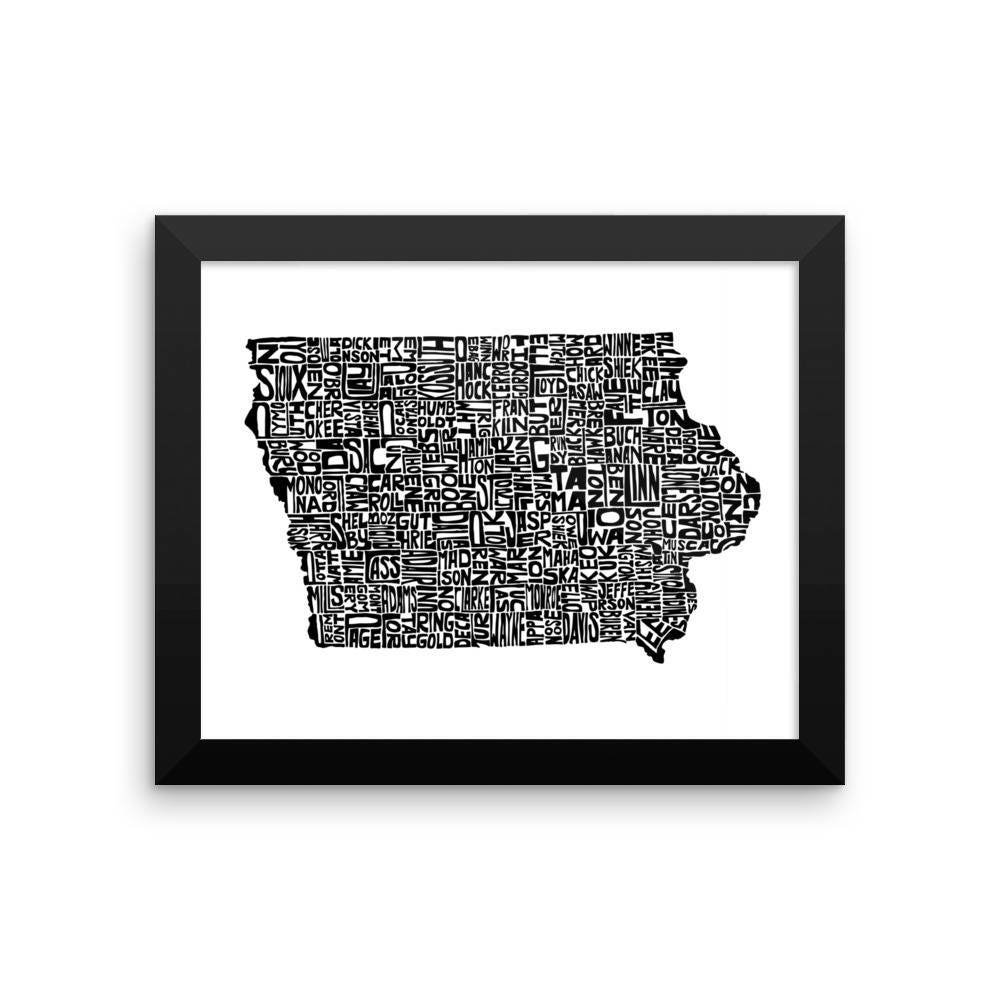 Iowa typography map art FRAMED print customizable personalized | Etsy
