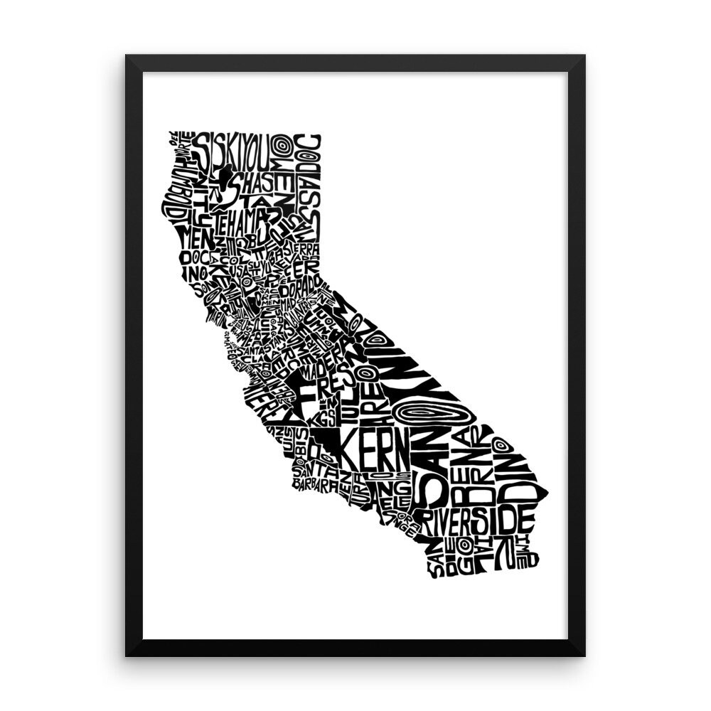 California Typography Map Art FRAMED Print Custom State Poster | Etsy