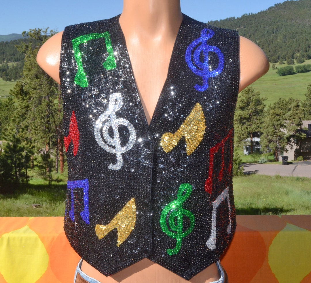 Vintage 80s Vest MUSIC Sequin Rock Star Band Shiny Small Musician - Etsy