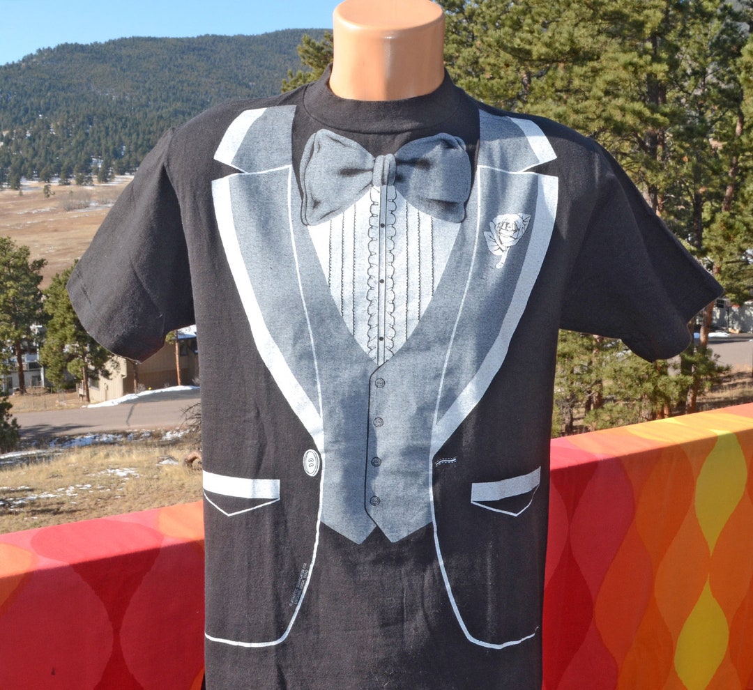 Vintage 80s T-shirt TUXEDO Tux Novelty Black Tie Formal Funny Tee Large ...
