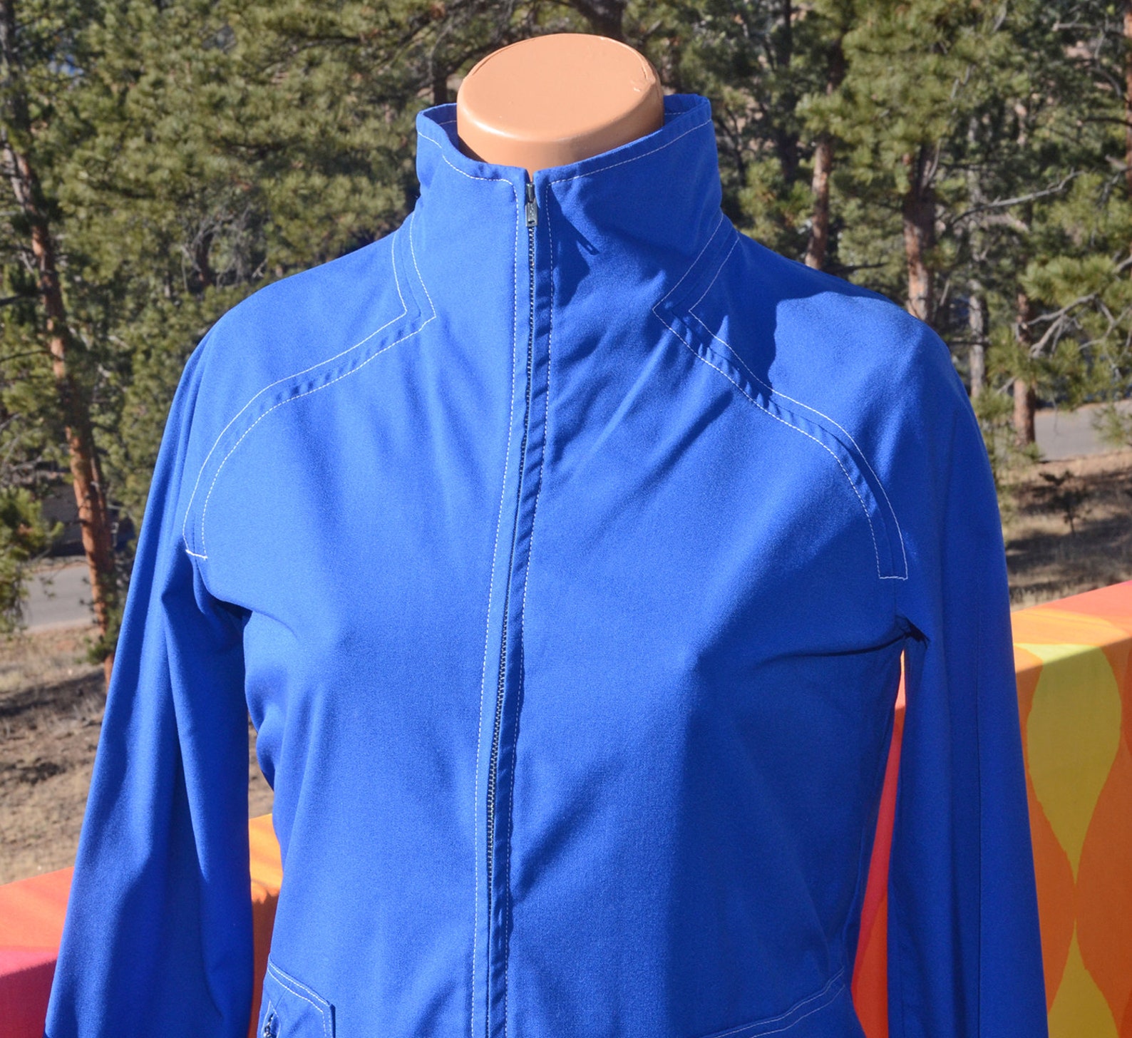 Vintage 70s Women WINDBREAKER Jacket Rain Blue Contrast Stitch Medium ...