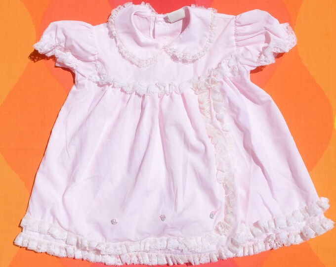 Vintage 70s Baby Girl Dress Lace Pale Pink Rosette Flower Round Collar ...