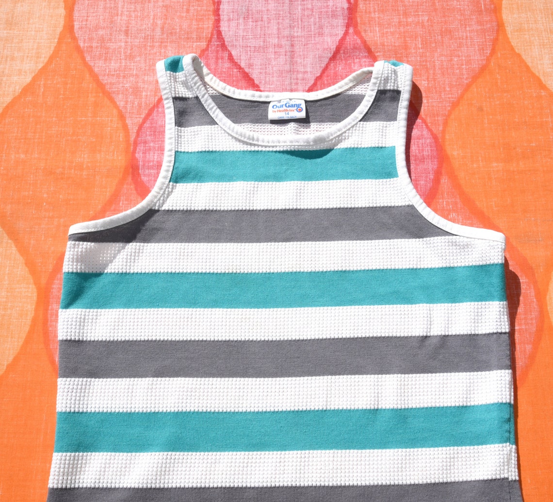 Vintage 80s kid tank top stripe HEALTH-TEX teal white children | Etsy