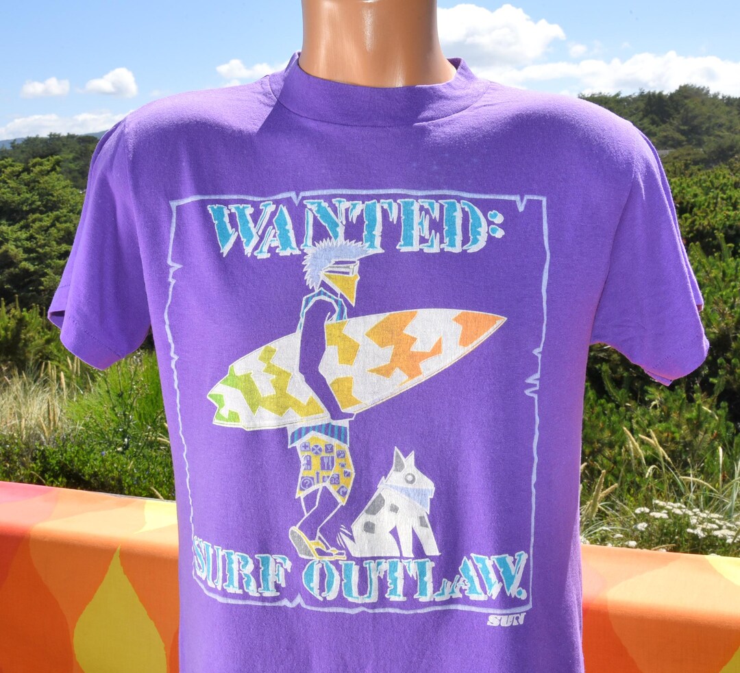 Vintage 80s T-shirt SURF OUTLAW Dog Mask Tee Medium Large Surfboard ...
