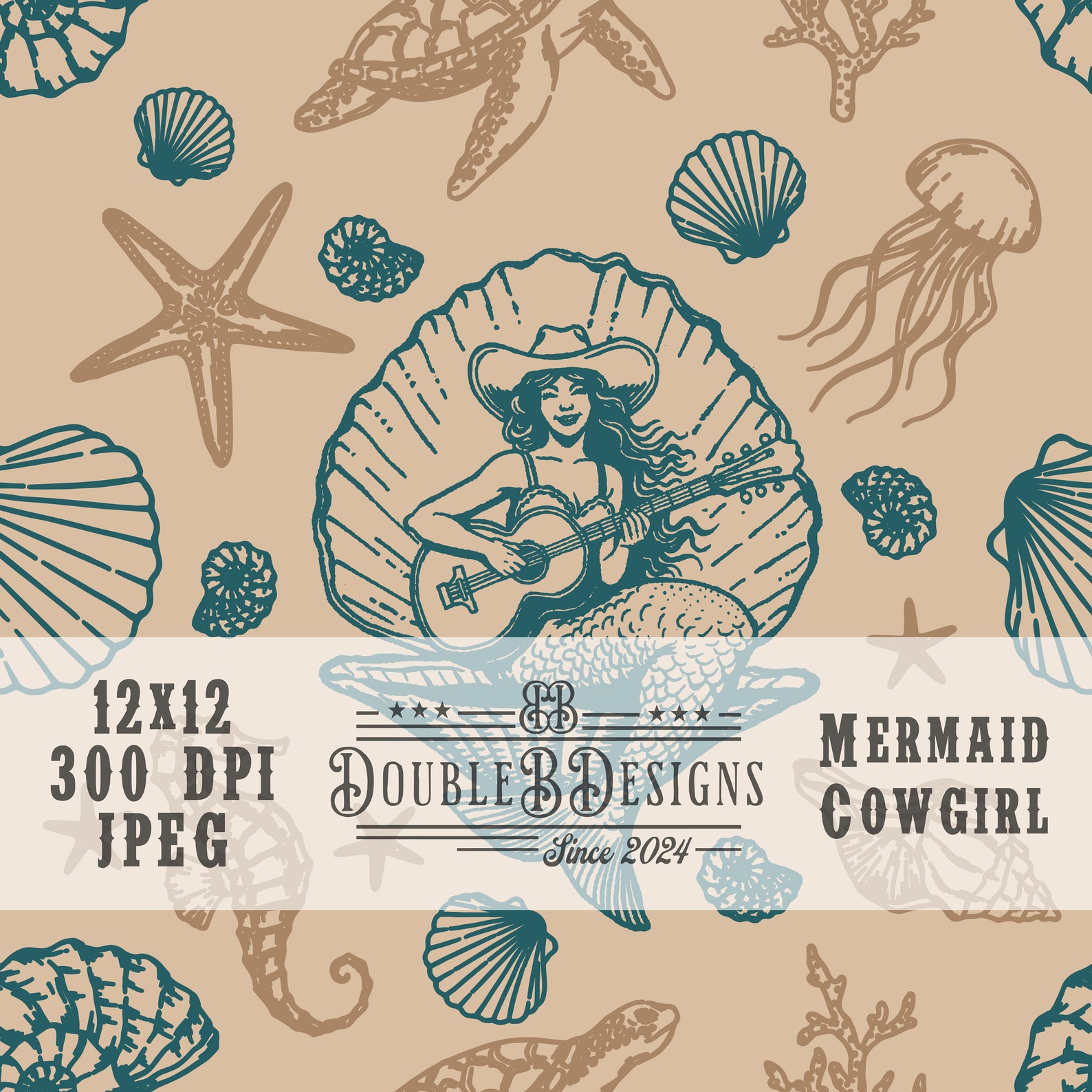 Coastal Cowgirl Mermaid Sea Life Beach Seamless Pattern by Double B ...