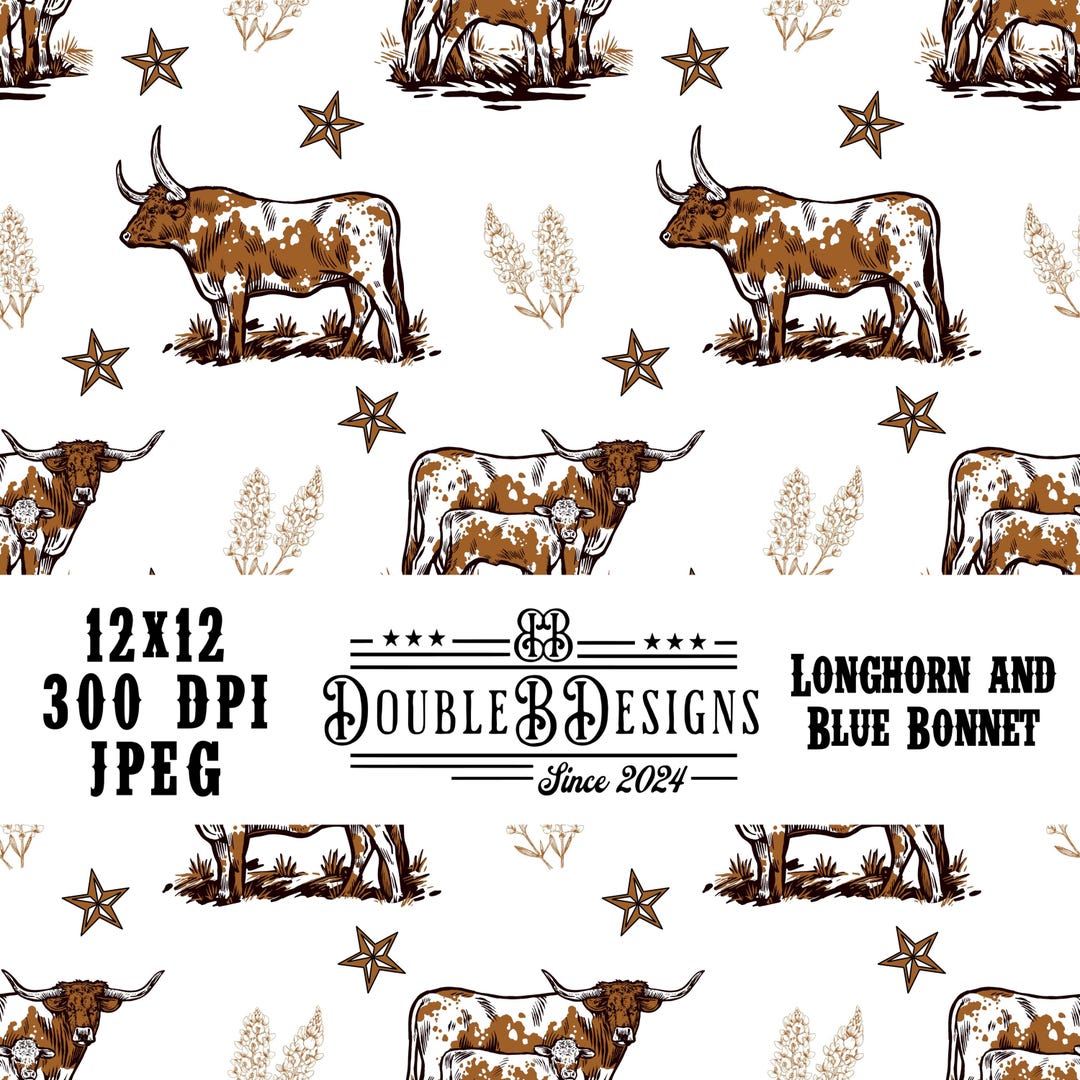 Texas Longhorn Cattle and Blue Bonnet Cowboy Cowgirl Western Rodeo ...