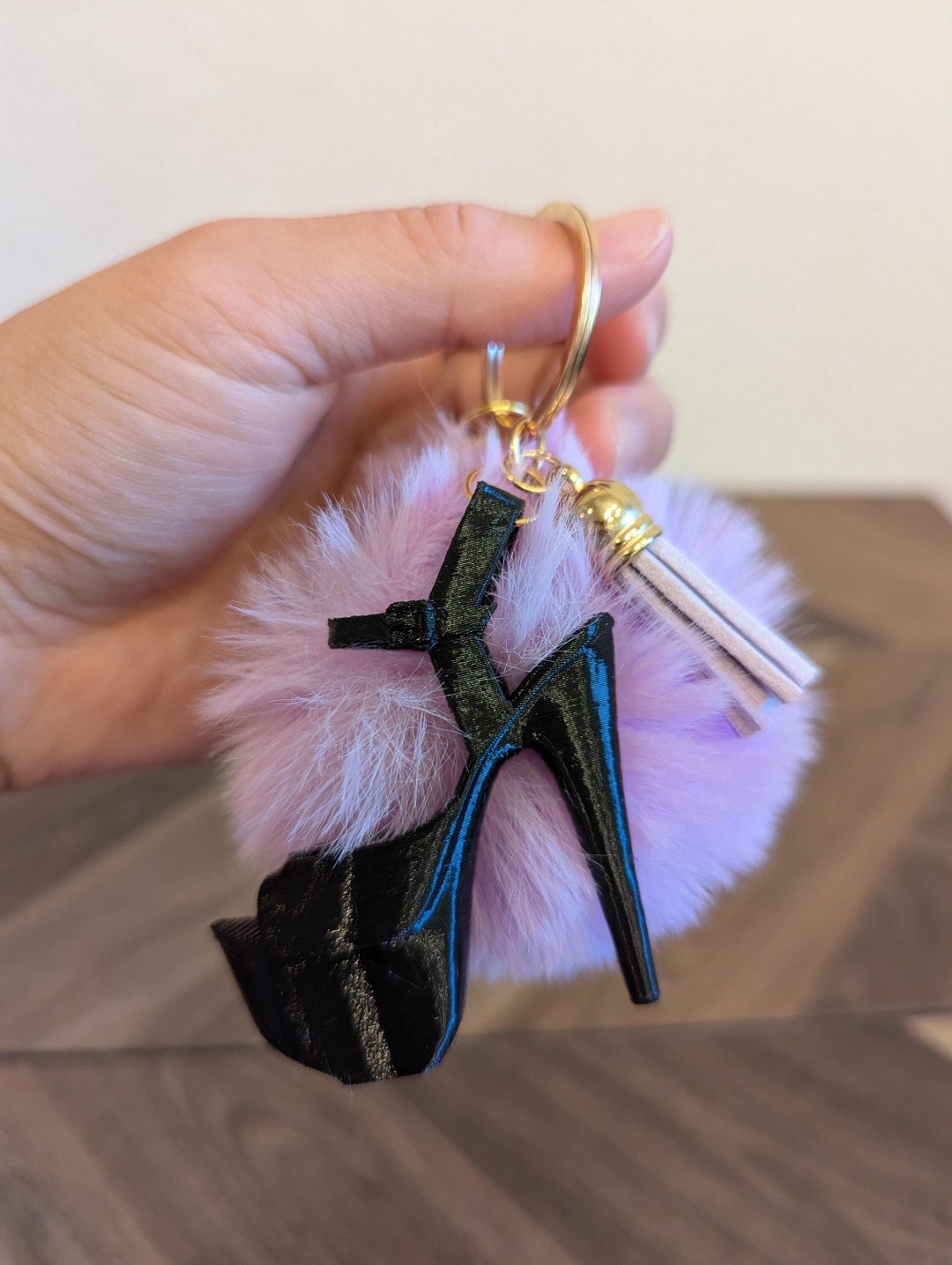 Platform Sandal Keychain: Black High Heel, Big Pompom, Gold Keyring - Etsy