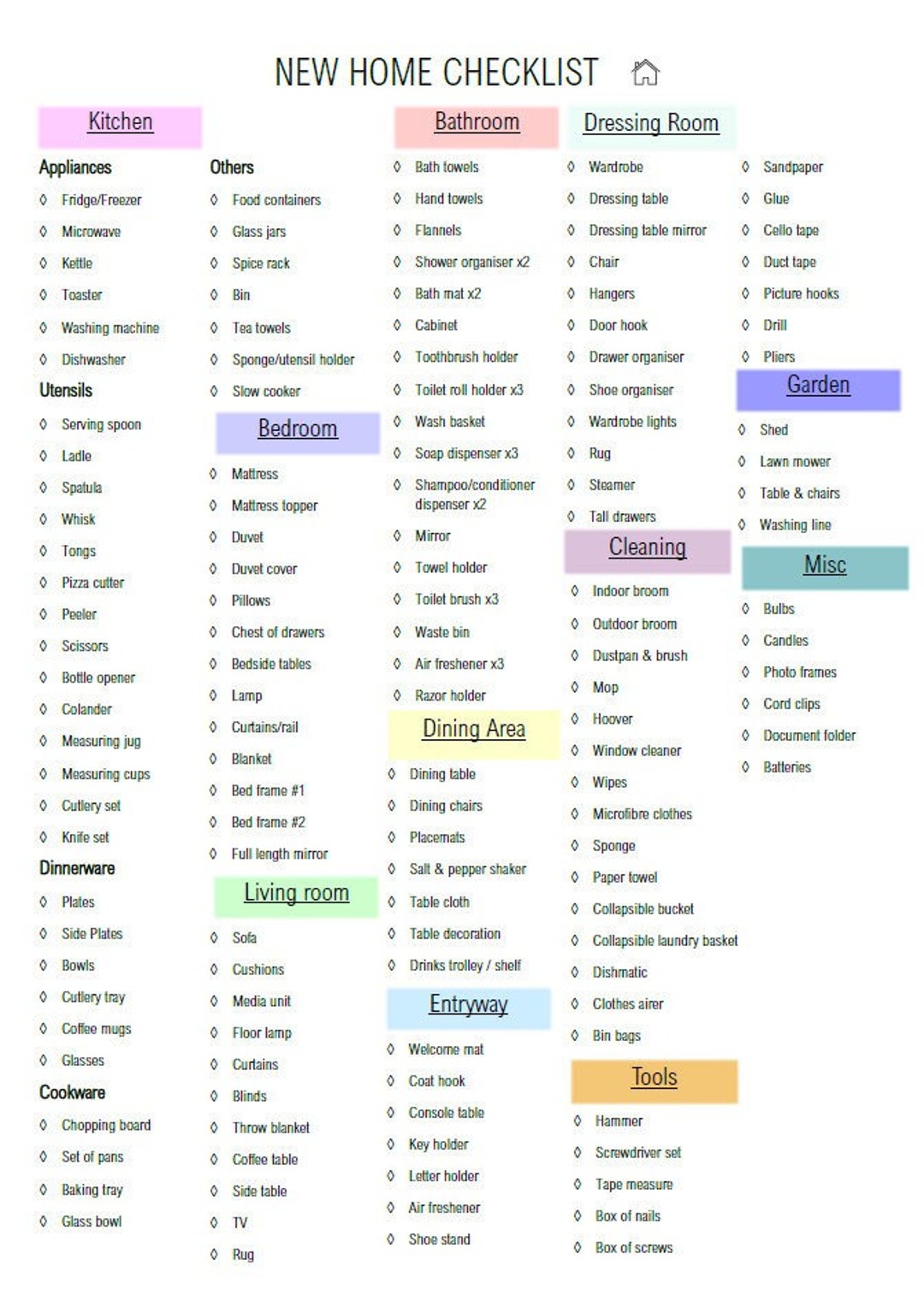 New Home Checklist - Etsy