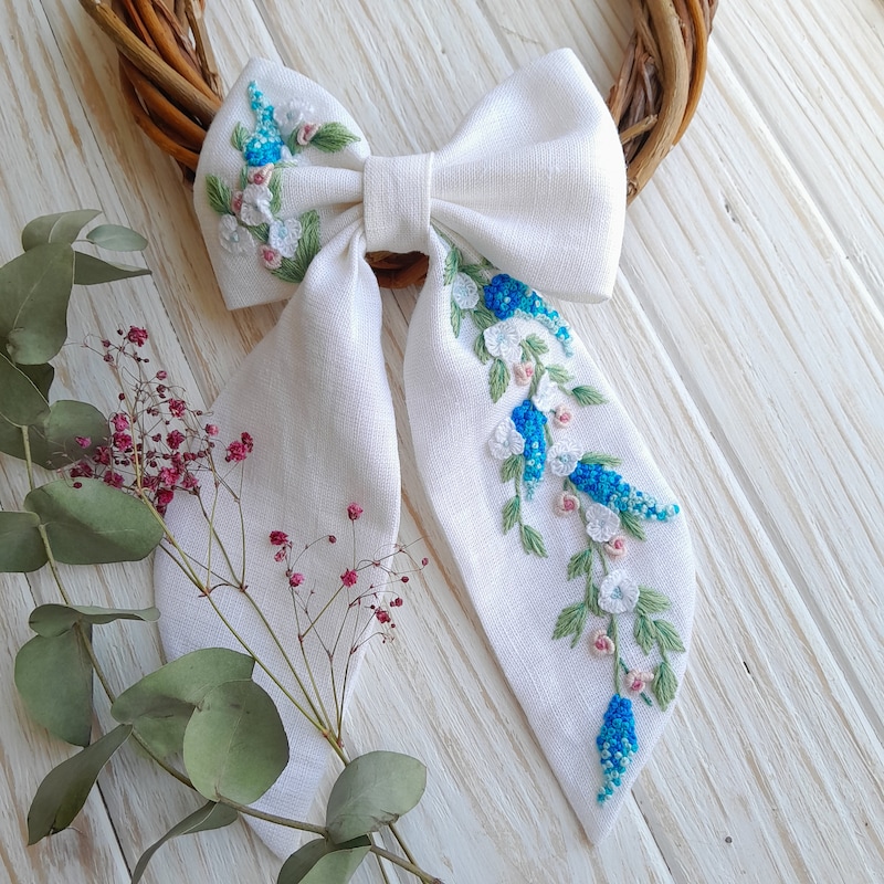 Embroidered Hair Bow - Etsy
