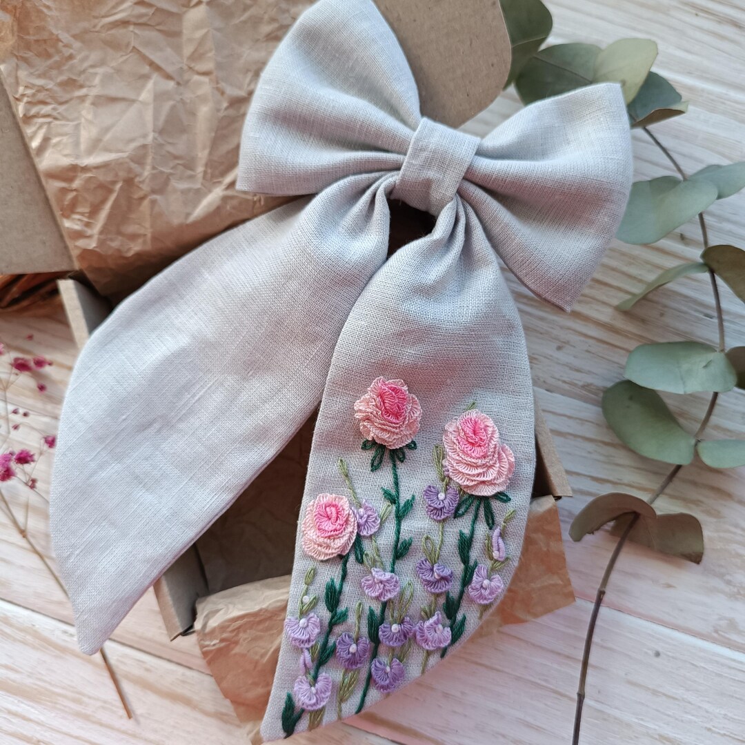 Embroidered Hair Bow, Linen Hair Bow, Hair Accessories, Hand ...