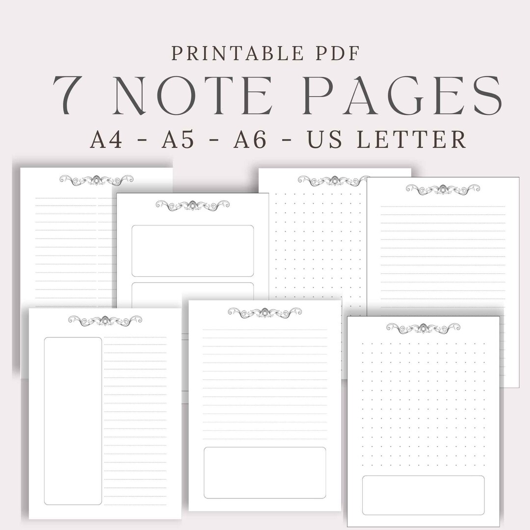 Printable Notebook PDF Elegant Note Pages Printable Stationery A4 A5 A6 ...