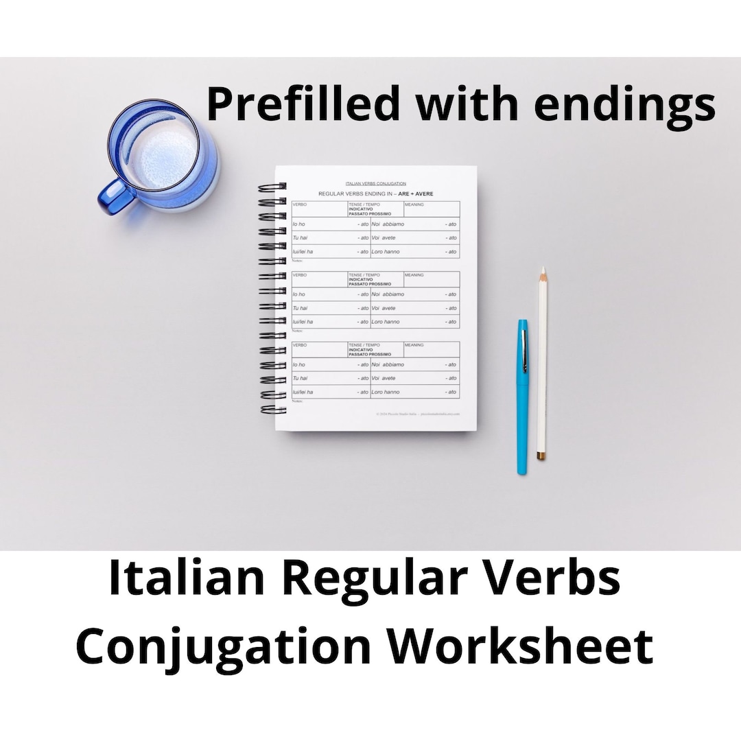 Italian Regular Verbs Conjugation Worksheet Prefilled With Endings Are ...