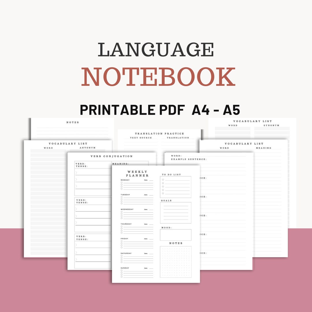 Language Learning Notebook | Printable PDF Worksheet | A4 - A5 ...