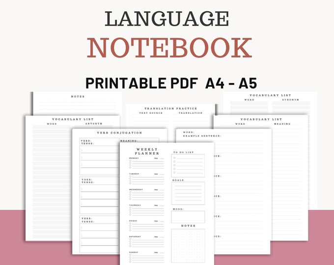 Language Learning Notebook | Printable PDF Worksheet | A4 - A5 ...