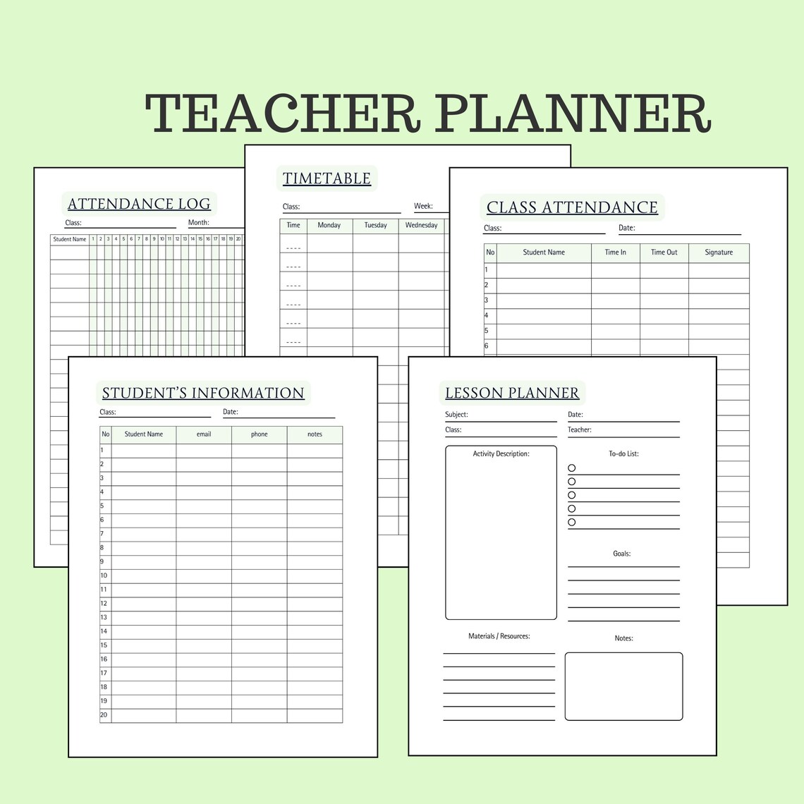 Teacher Planner Printable PDF | Attendance Log, Class Attendance ...