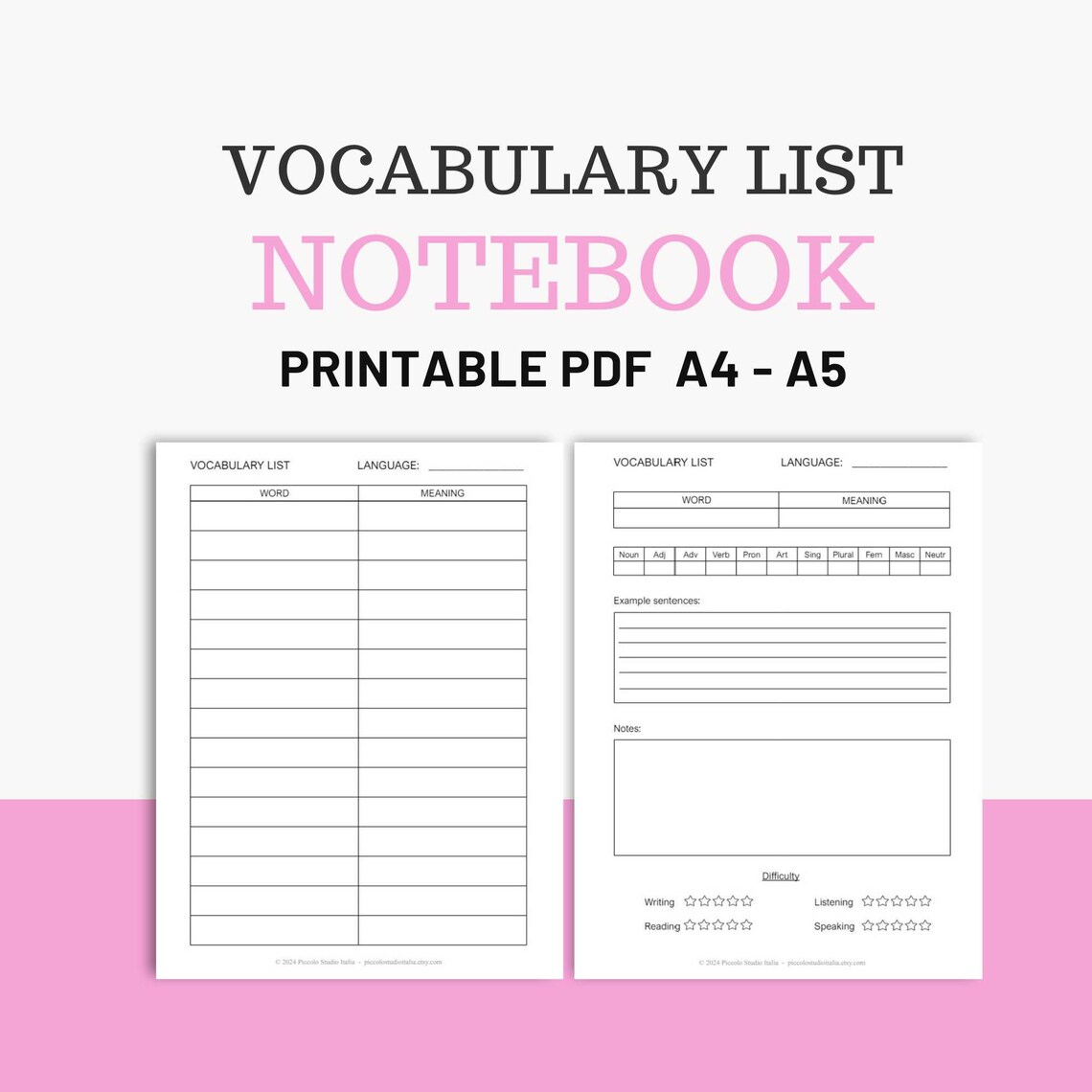 Vocabulary List Printable PDF Worksheet A4 A5 Language Study Notebook ...