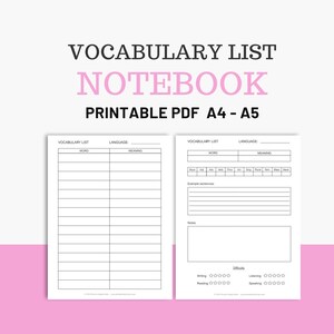 Vocabulary List Printable PDF Worksheet A4 A5 Language Study Notebook ...