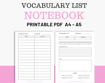 Vocabulary List Printable PDF Worksheet | A4 - A5 | Language Study ...