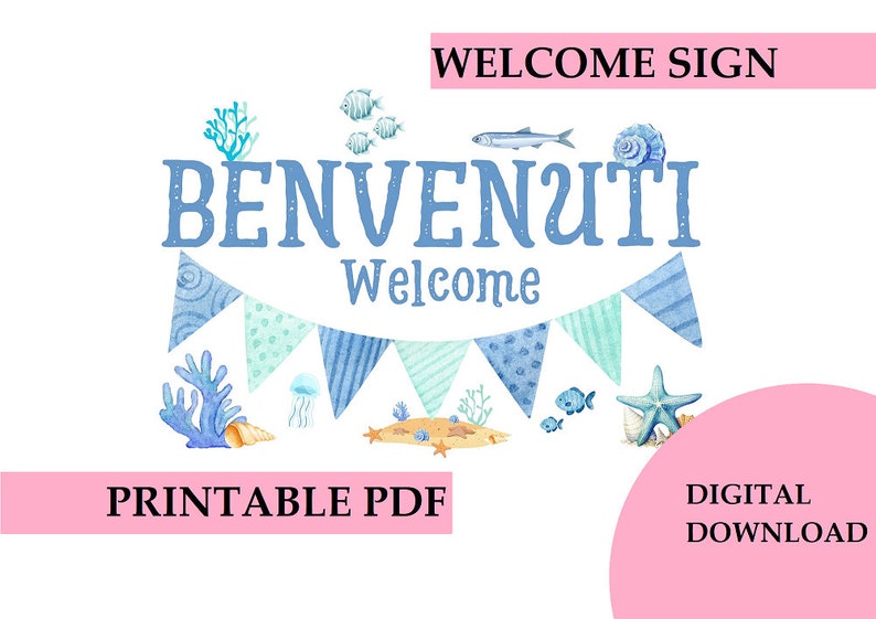WELCOME Sign Printable PDF, English Italian Benvenuti, Horizontal Wall ...