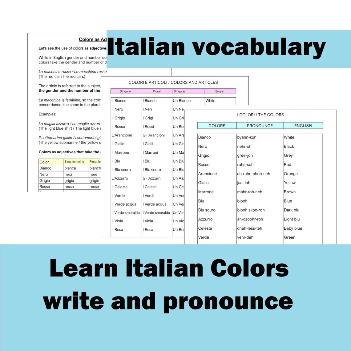 Italian Vocabulary Builder: 35 COLORS With Pronounciation, Language ...