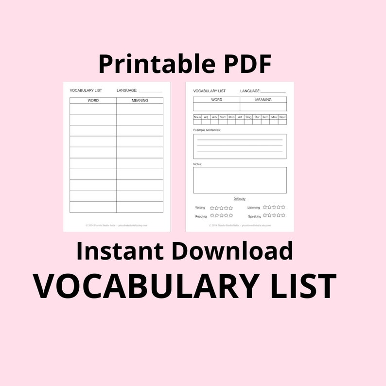 Vocabulary List Printable PDF Worksheet | A4 - A5 | Language Study ...