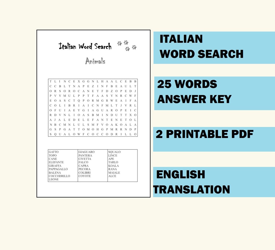 Italian Word Search: ANIMALS Vocabulary Language Learning, 2 Printable ...