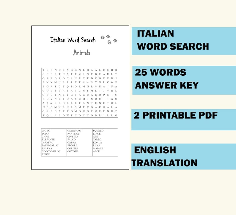 Italian Word Search: ANIMALS Vocabulary Language Learning, 2 Printable ...
