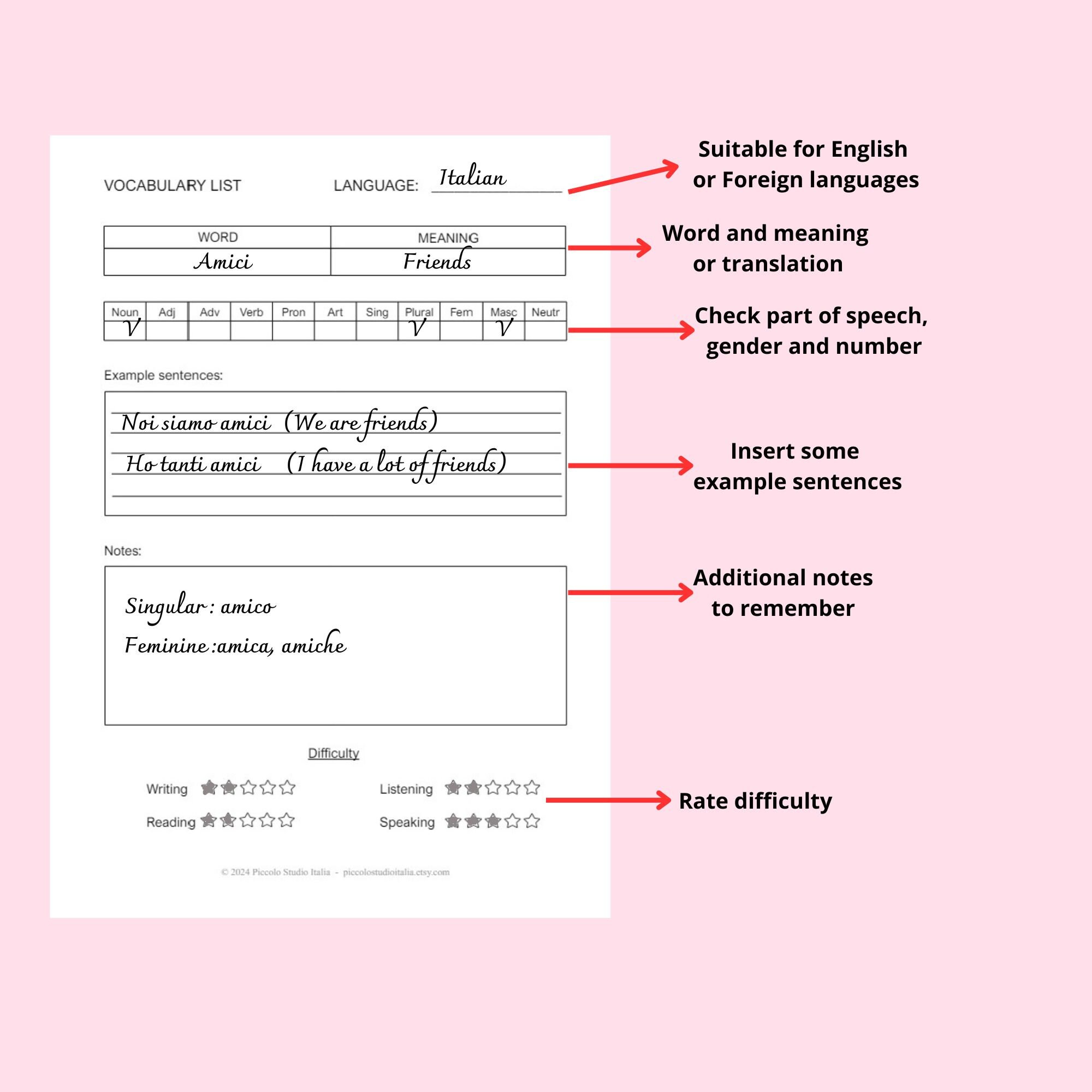Vocabulary List Printable PDF Worksheet | A4 - A5 | Language Study ...