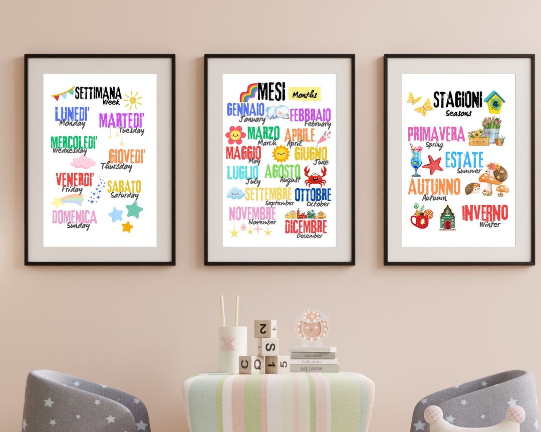 3 Italian Printable PDF Posters: Mesi, Settimana, Stagioni Months, Week ...