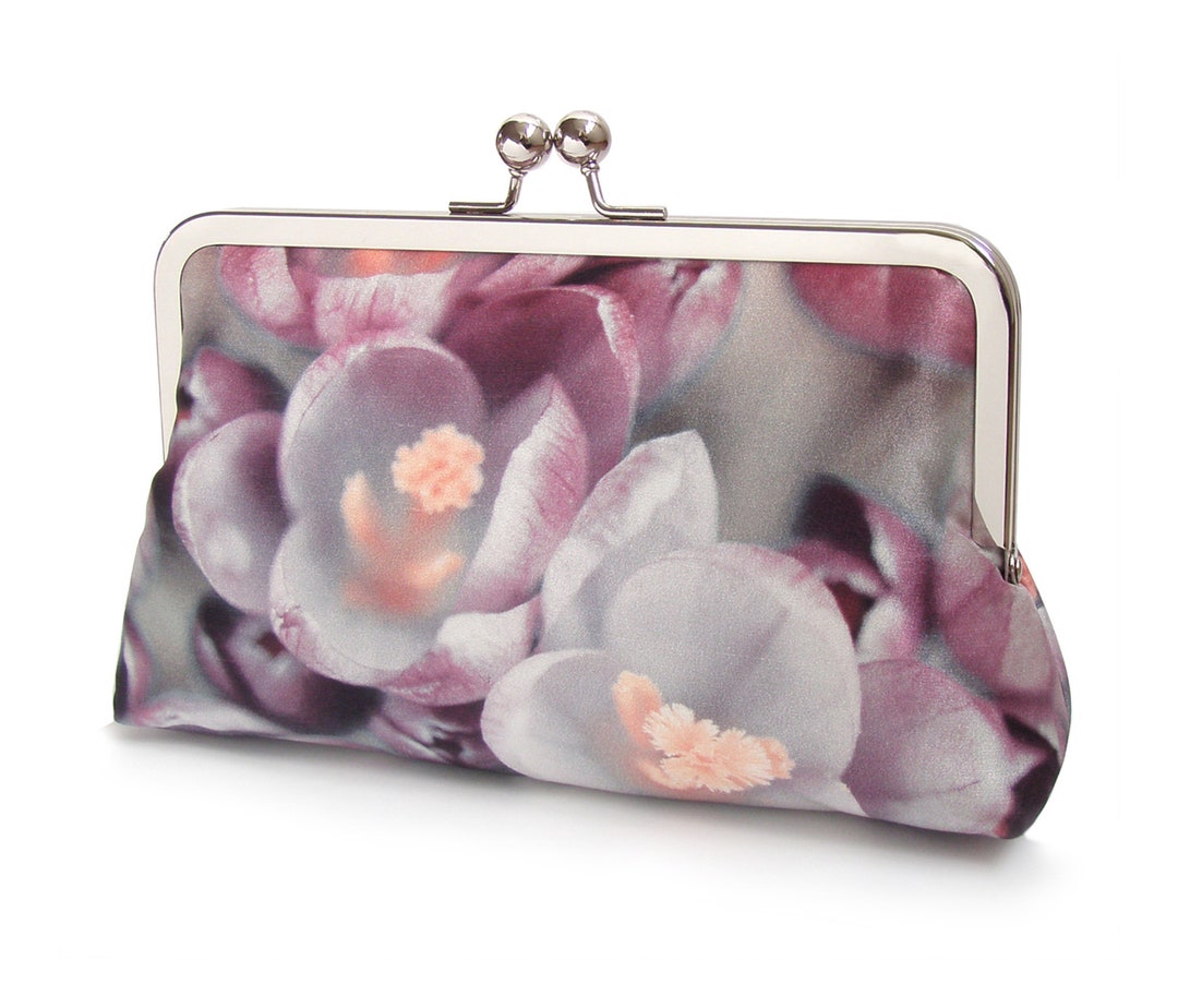 Crocus Flowers Printed Silk Clutch Purse, Pink Bag With Silver Chain ...