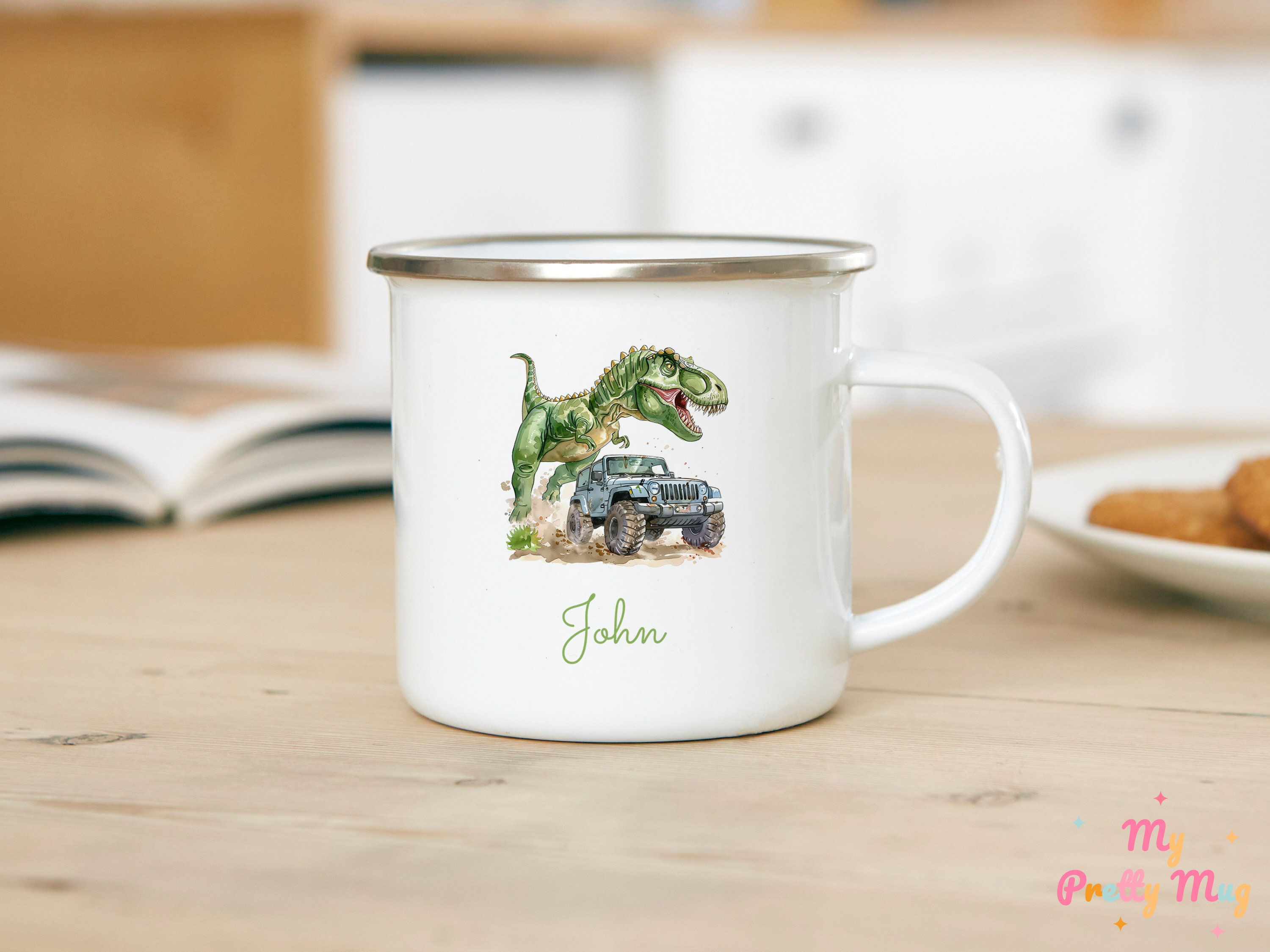 Car Chased by A T Rex Mug Personalized Jeep Mug All Road Car Mug Four ...