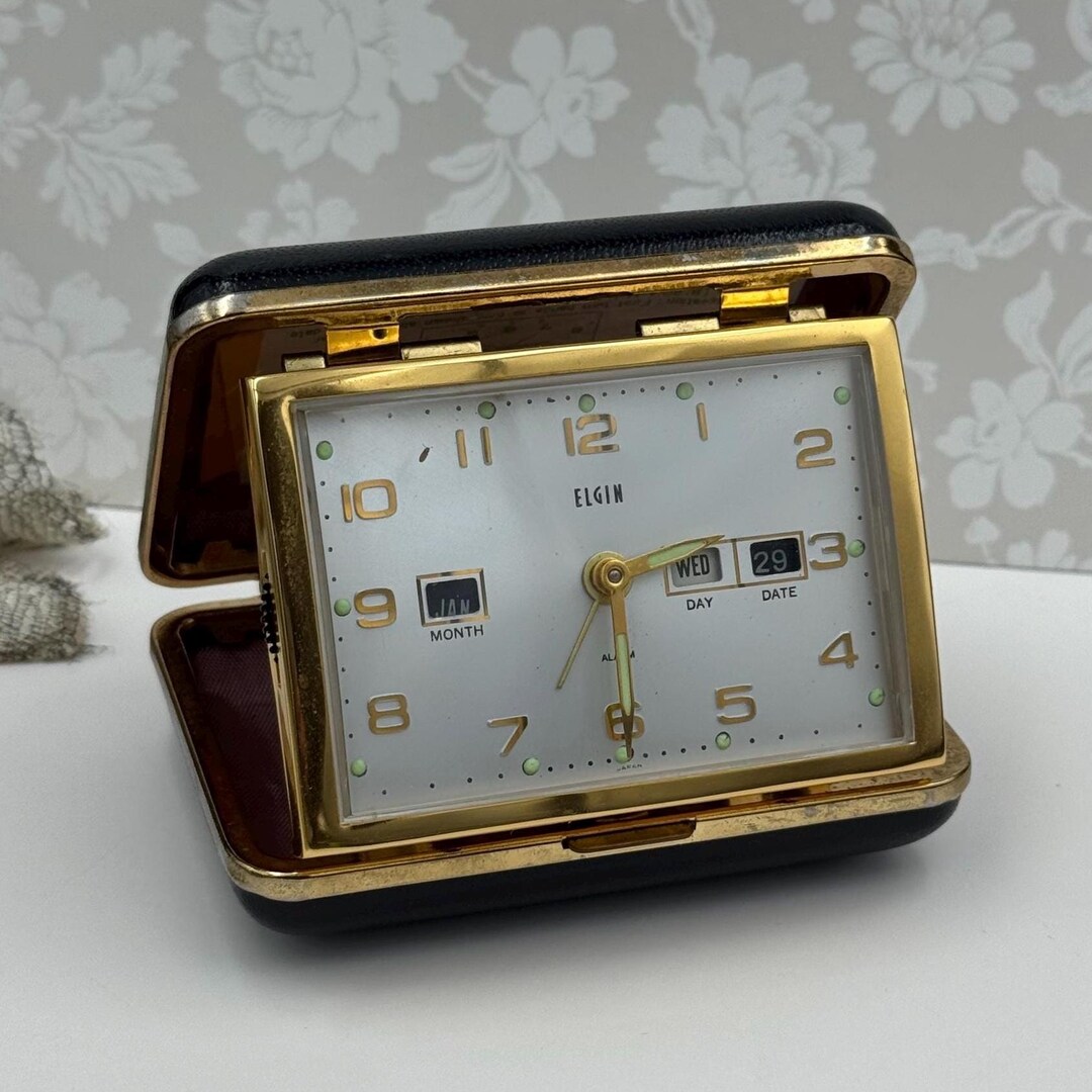 Vintage Elgin Travel Alarm Clock in Black Leather Case – Mid Century ...