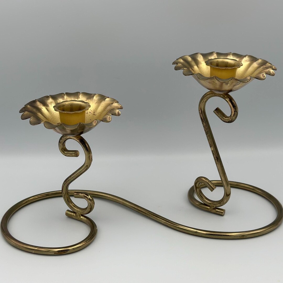 Vintage Gold Toned Metal Brass Flower Double Candle Holder Tiered ...