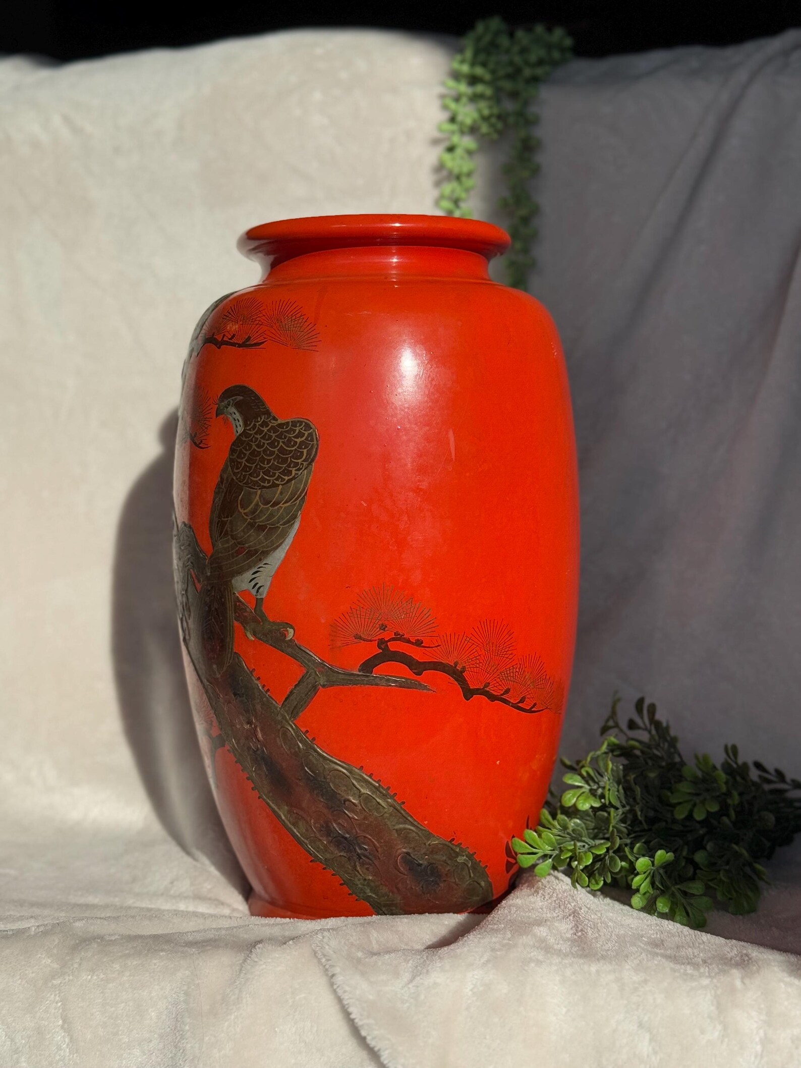 Antique 1920s Chinoiserie Cinnabar Style Mother of Pearl Colored Orange ...