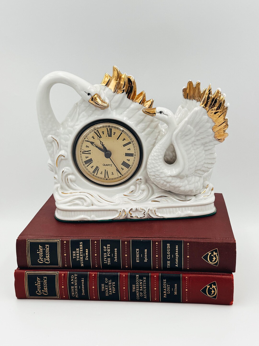 Vintage Working Porcelain Clock Swan Mantel Clock Gold Toned Accents ...