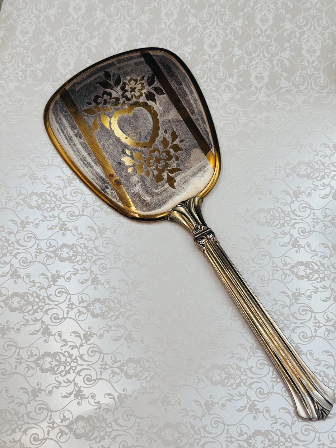 Vintage Gold Hand Mirror With Ornate Handle & Heart Floral Etching, Mid ...