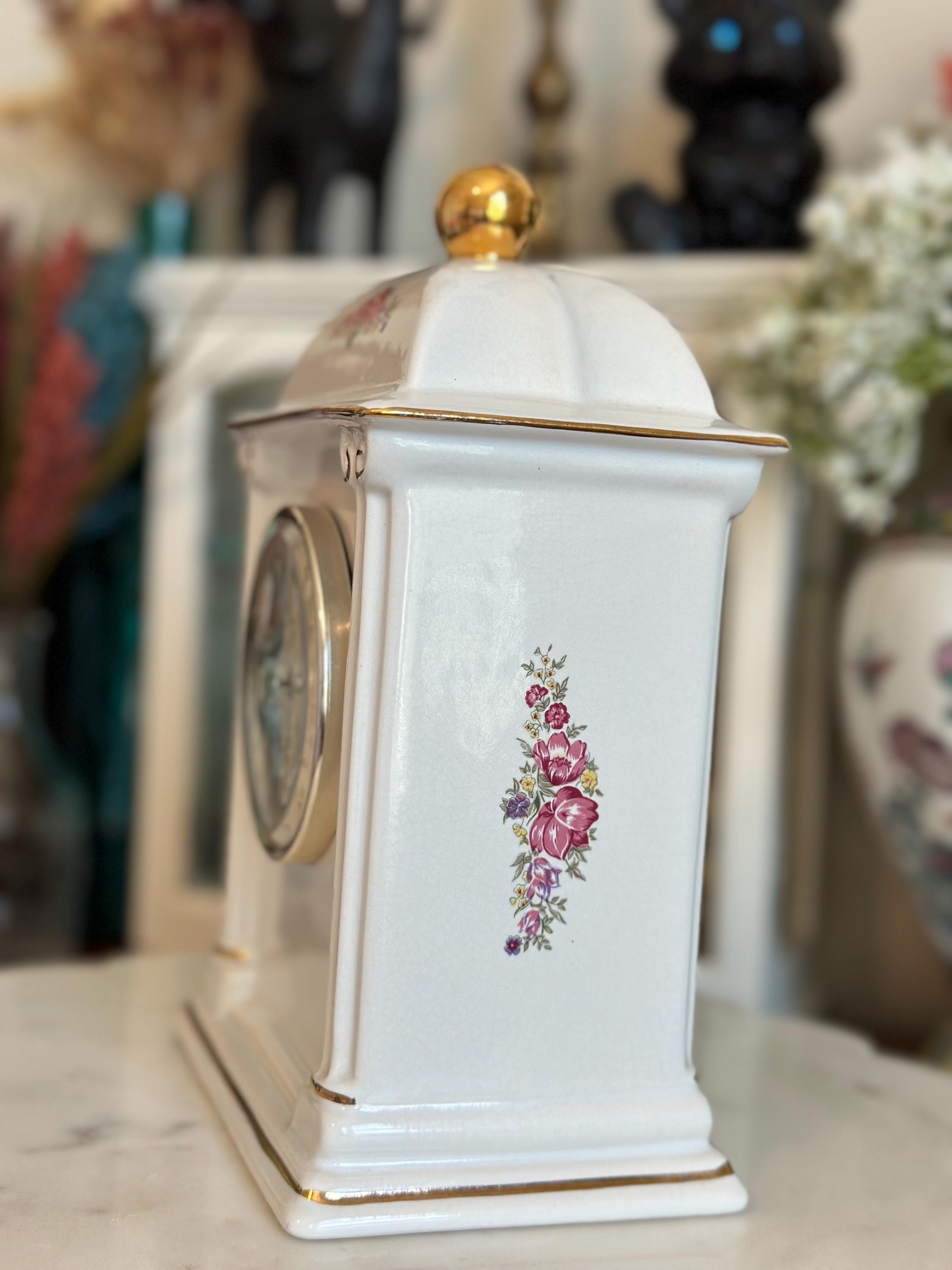 Vintage 1993 Limited Edition Pink Floral White Ceramic Desk Clock ...