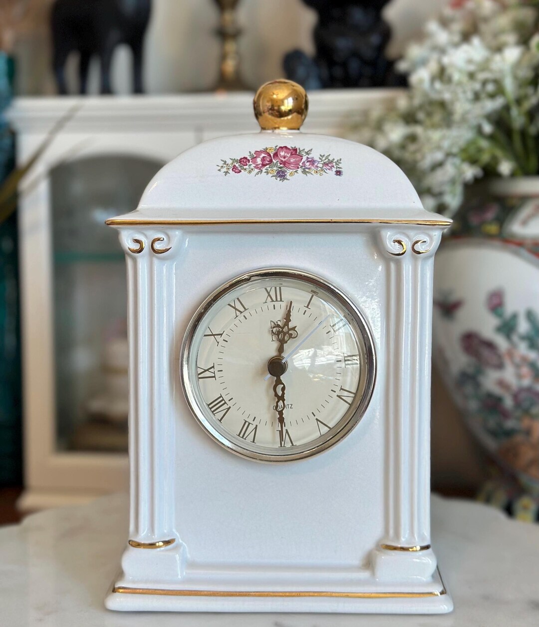 Vintage 1993 Limited Edition Pink Floral White Ceramic Desk Clock ...
