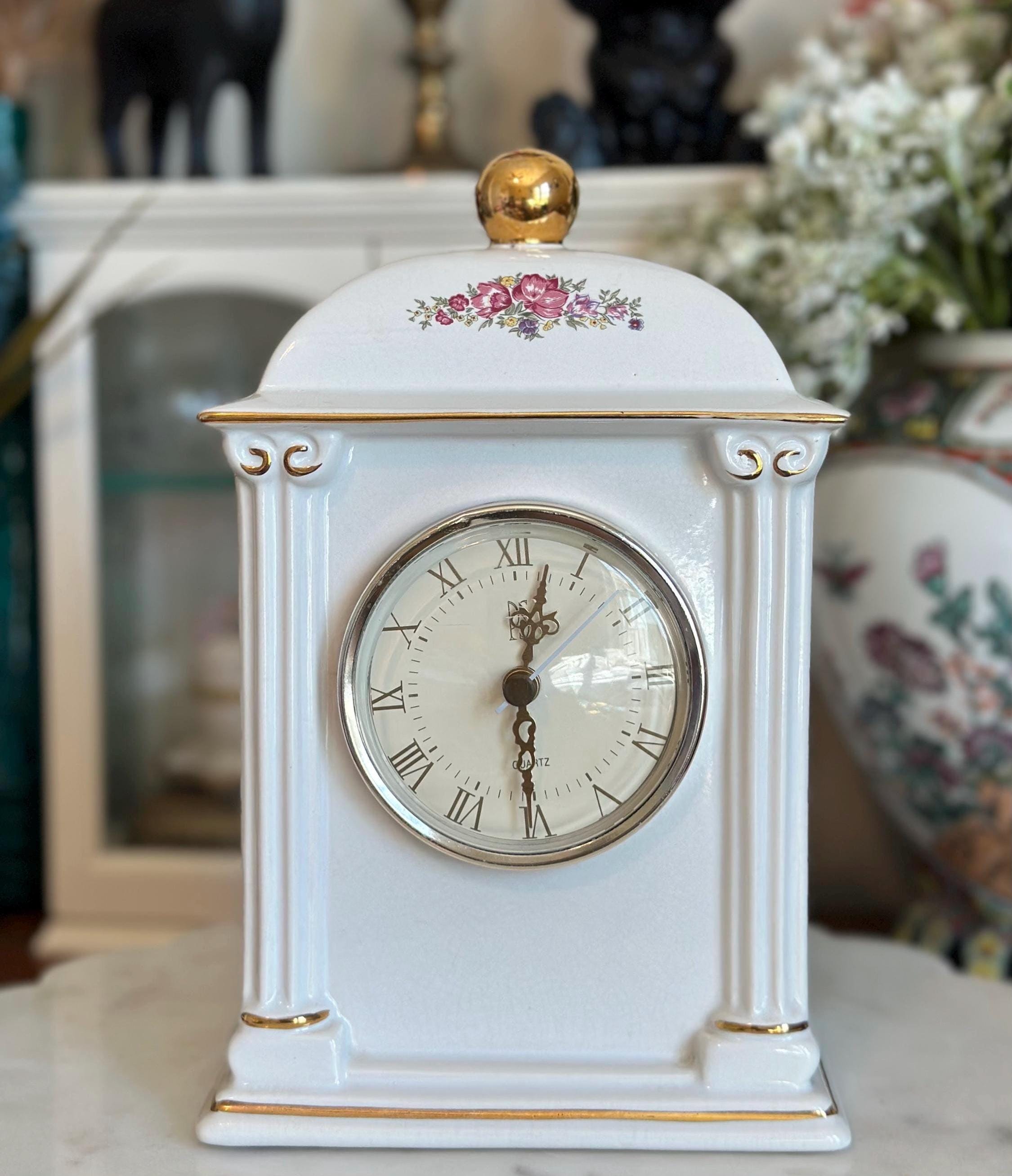 Vintage 1993 Limited Edition Pink Floral White Ceramic Desk Clock ...