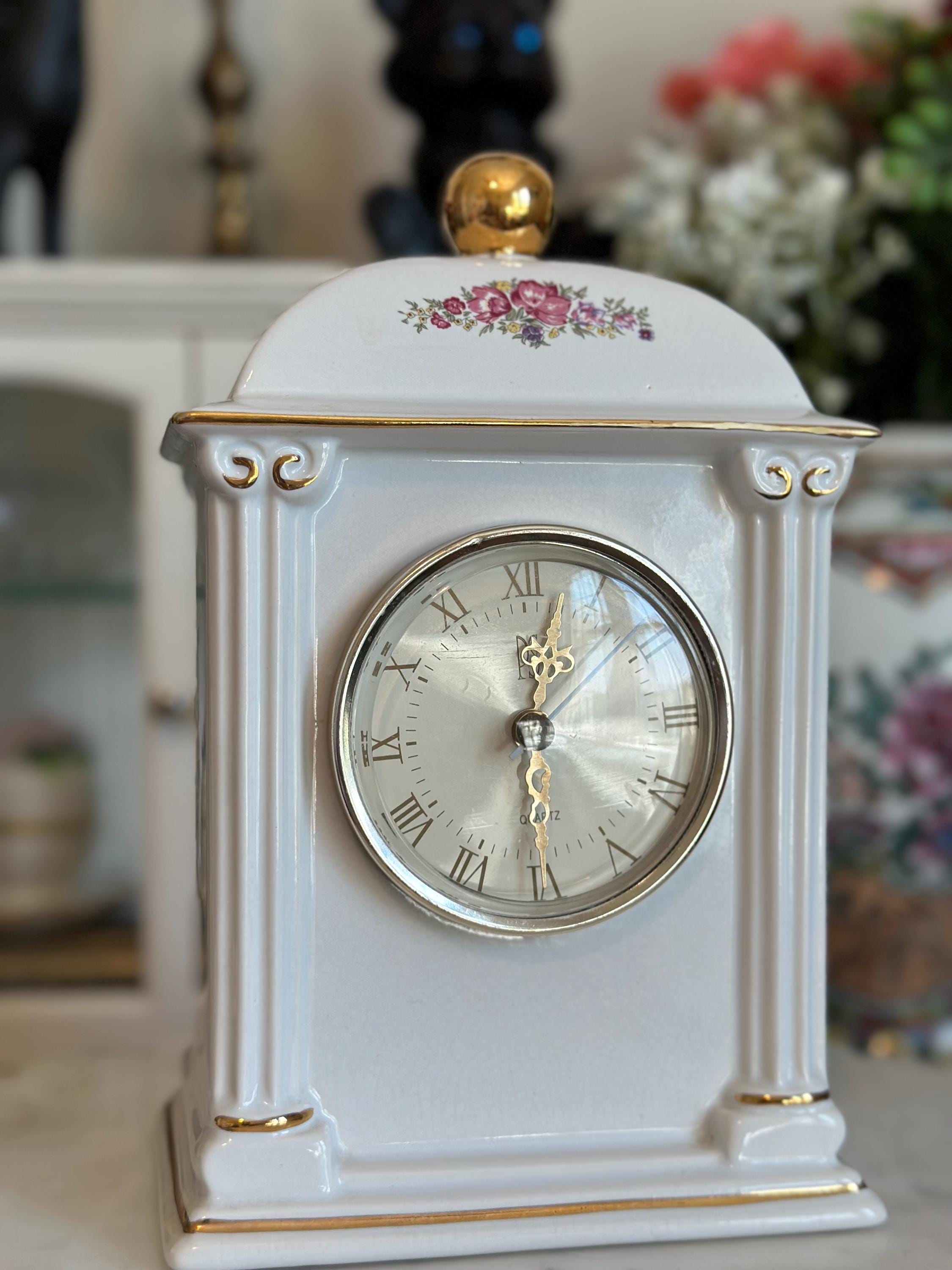 Vintage 1993 Limited Edition Pink Floral White Ceramic Desk Clock ...