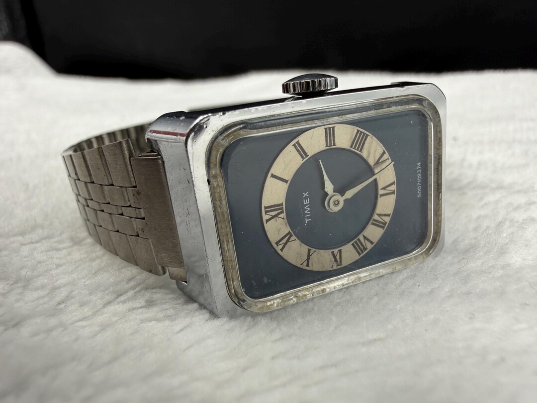 Vintage 1974 Timex Mechanical Tank Watch | Blue & Silver Dial Retro ...