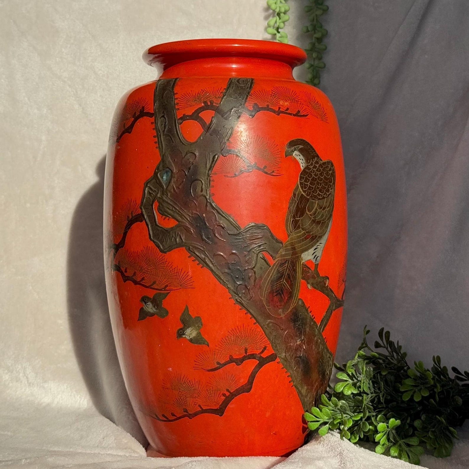 Antique 1920s Chinoiserie Cinnabar Style Mother of Pearl Colored Orange ...