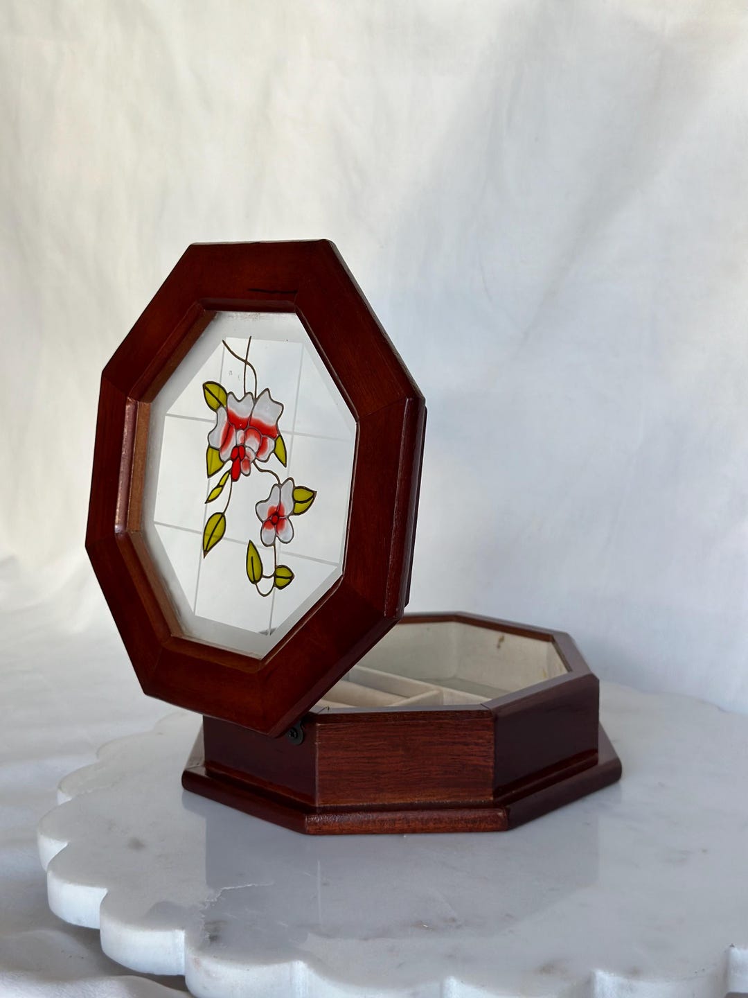 Vintage Hinged Octagon Wooden Jewelry Organizer Box Flower Art Stained ...