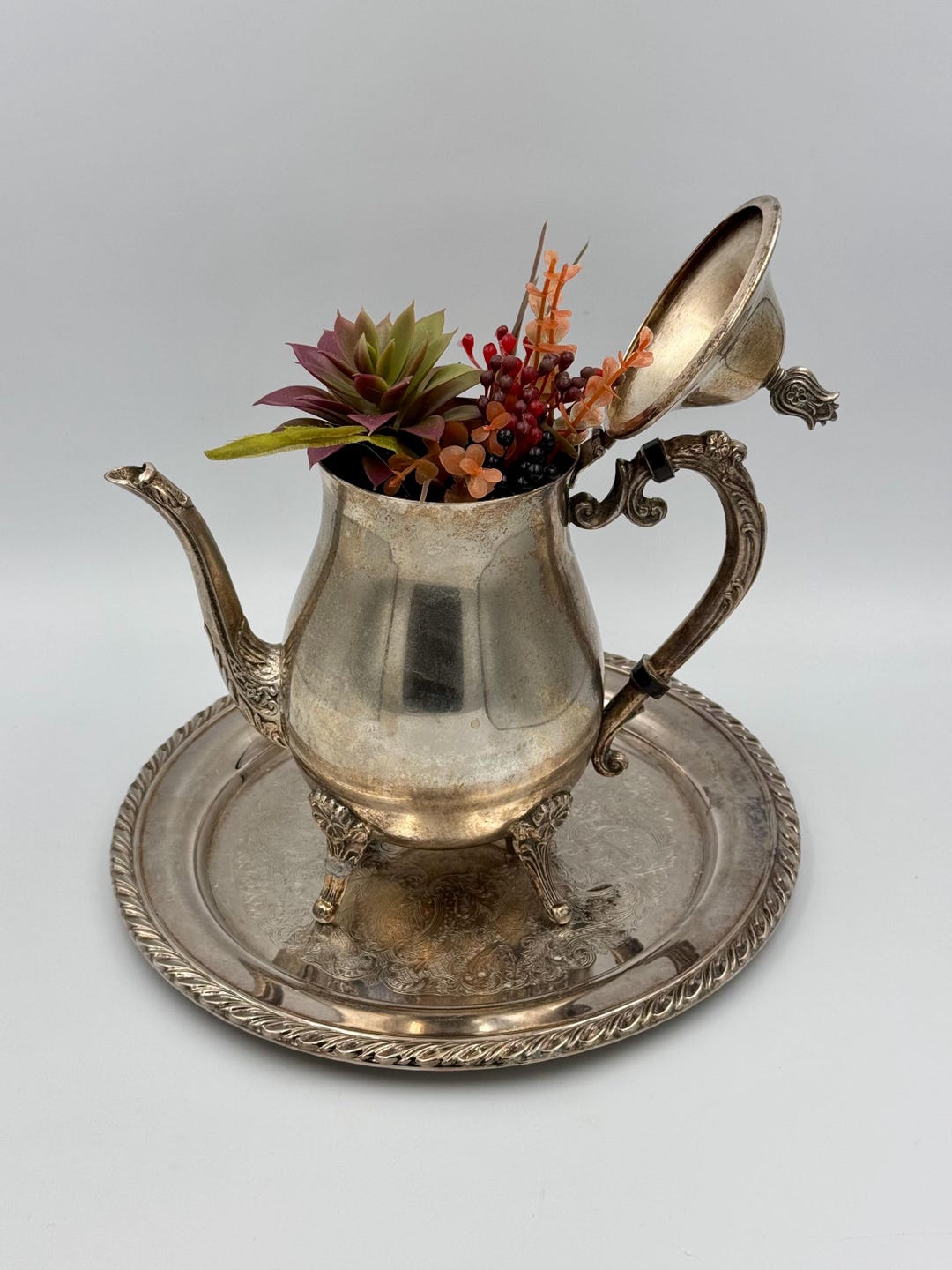 Vintage Leonard Silverplate Teapot With Tray: Ornate Hinged Lid Pitcher ...