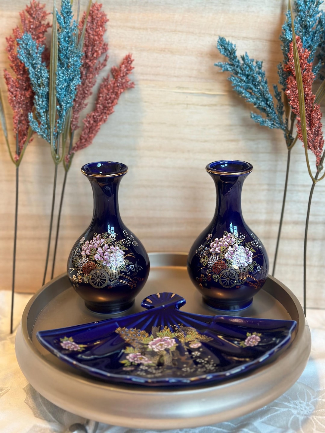 Vintage Kutani Cobalt Blue Porcelain Vase Set: Floral Fan Dish & Mini ...