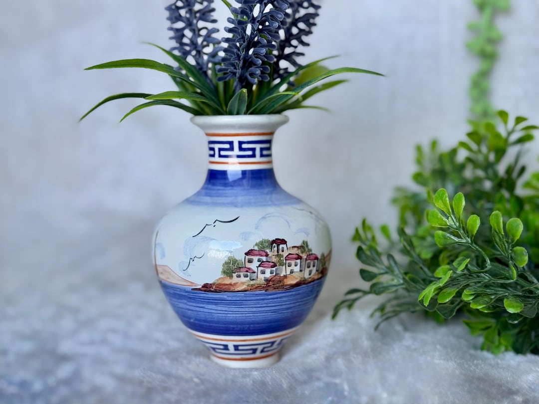Handmade in Greece Pottery Vase Traditional Greek Design Coastal Scene ...